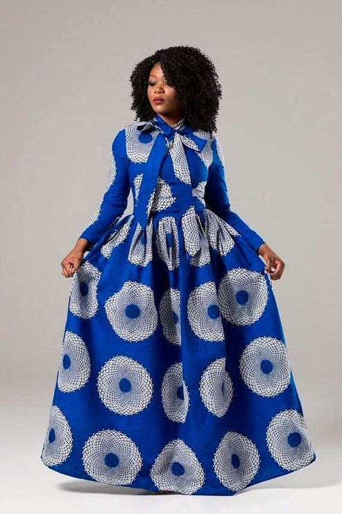 Royal Blue African Ankara Print Long Sleeve Maxi Shirt Dress ...
