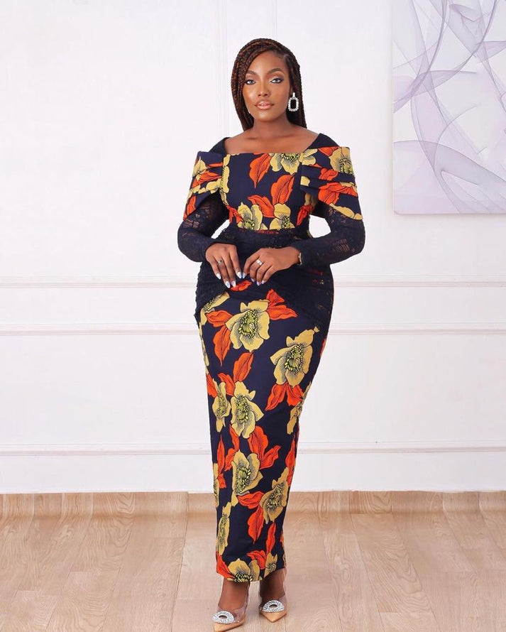 Navy Blue African Ankara Print Long Sleeve Fitted Pencil Dress ...